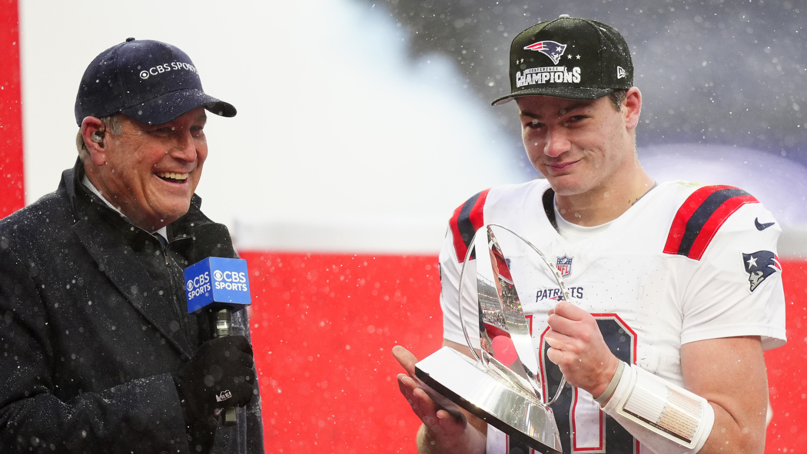 Drake Maye hilariously asks Jim Nantz what do with AFC Championship ...