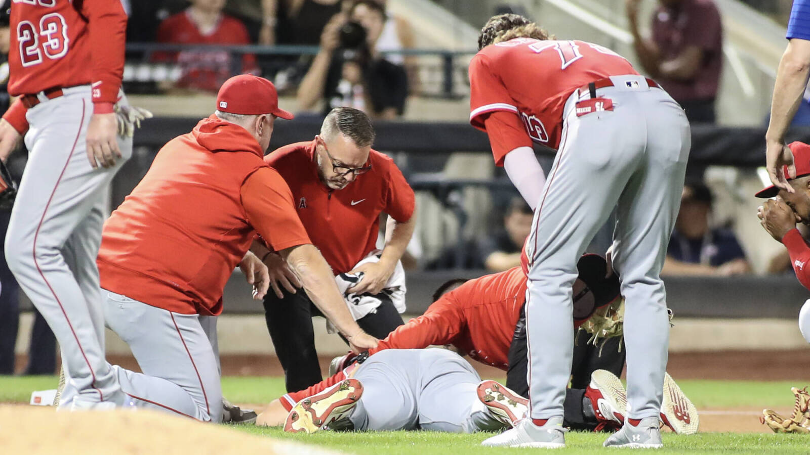 Angels pitcher taken to hospital after being hit by infield throw ...